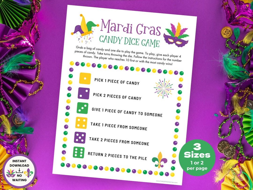 Mardi Gras Candy Dice Game Printable, Mardi Gras Party Games for Kids ...