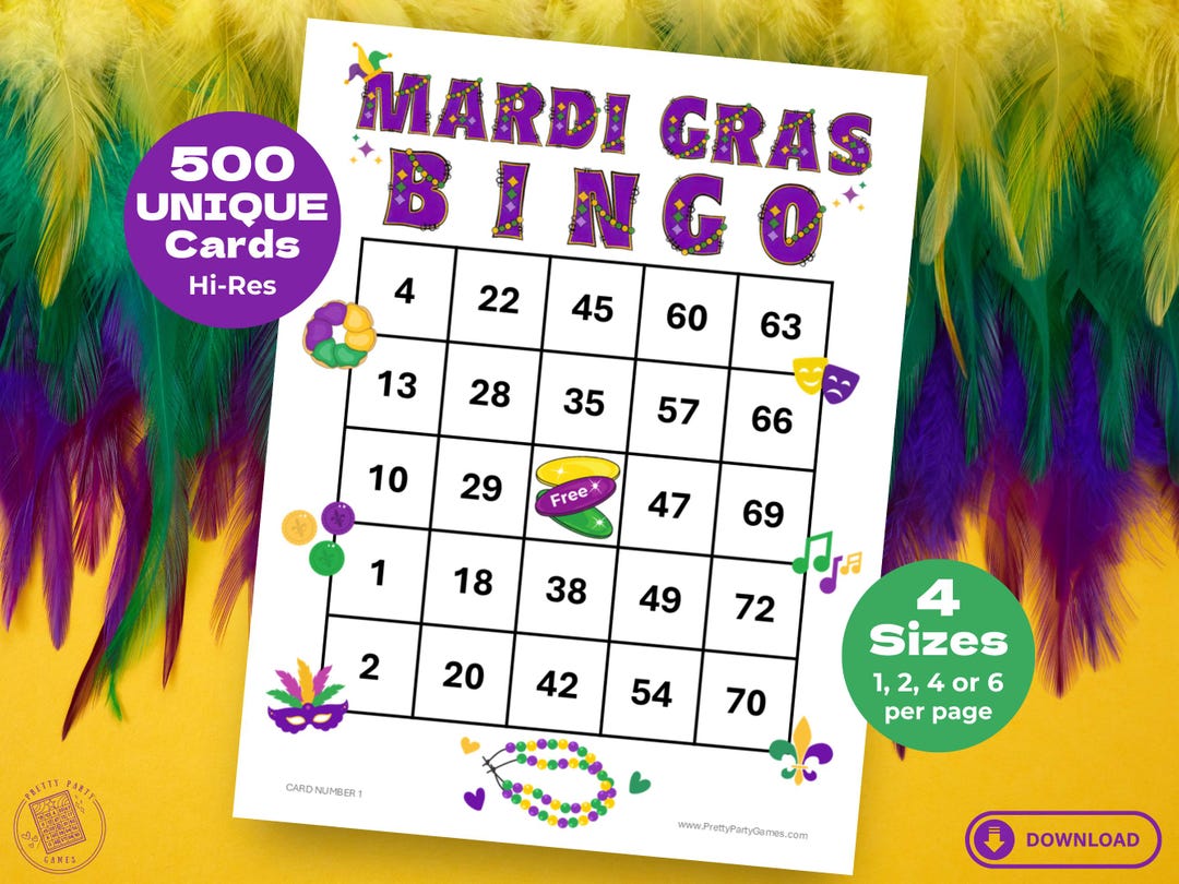 500 Mardi Gras Bingo Cards With Numbers, Mardi Gras Party Games for ...