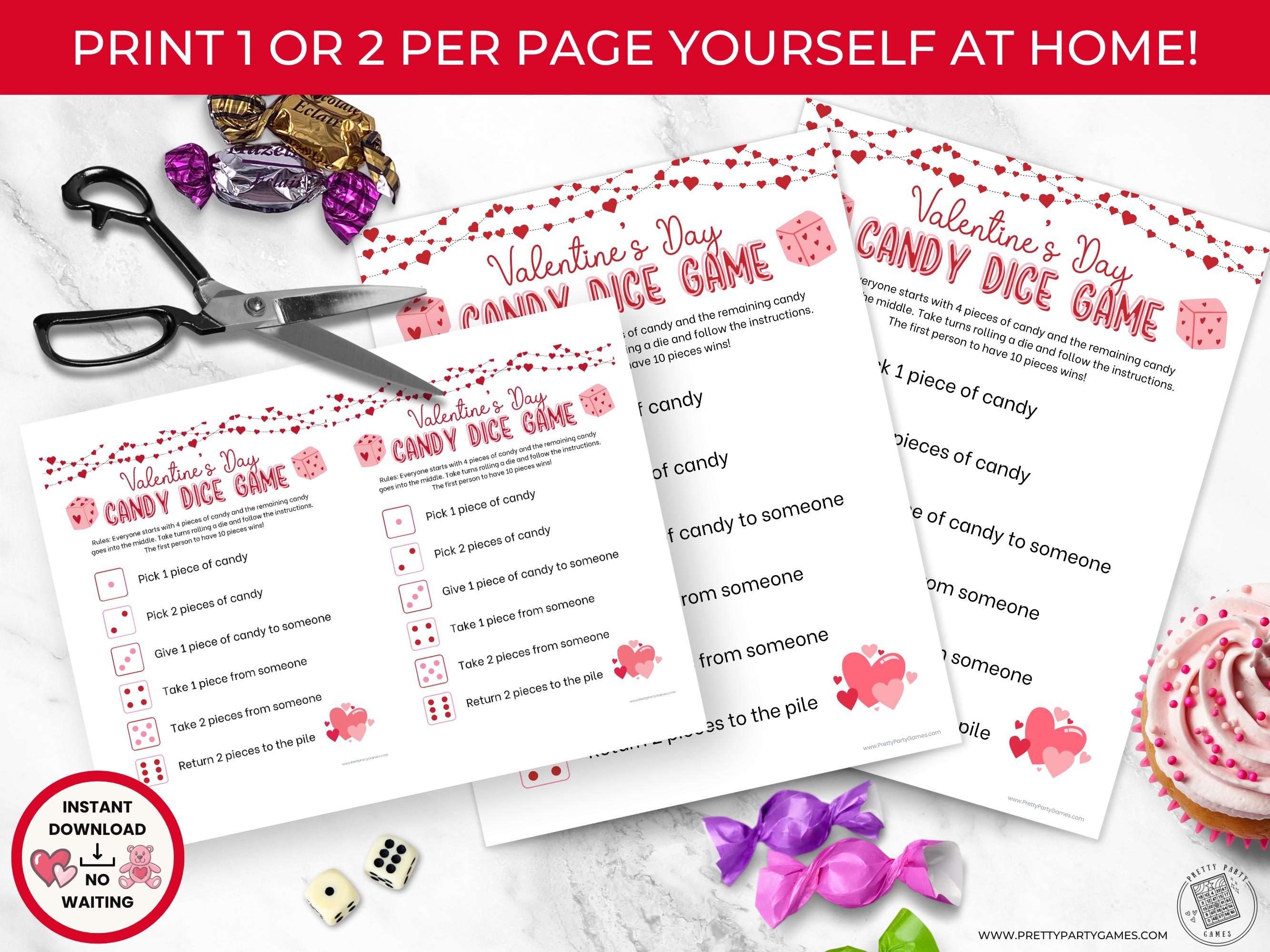 Valentine Candy Dice Game Printable, Valentine's Day Party Game for ...