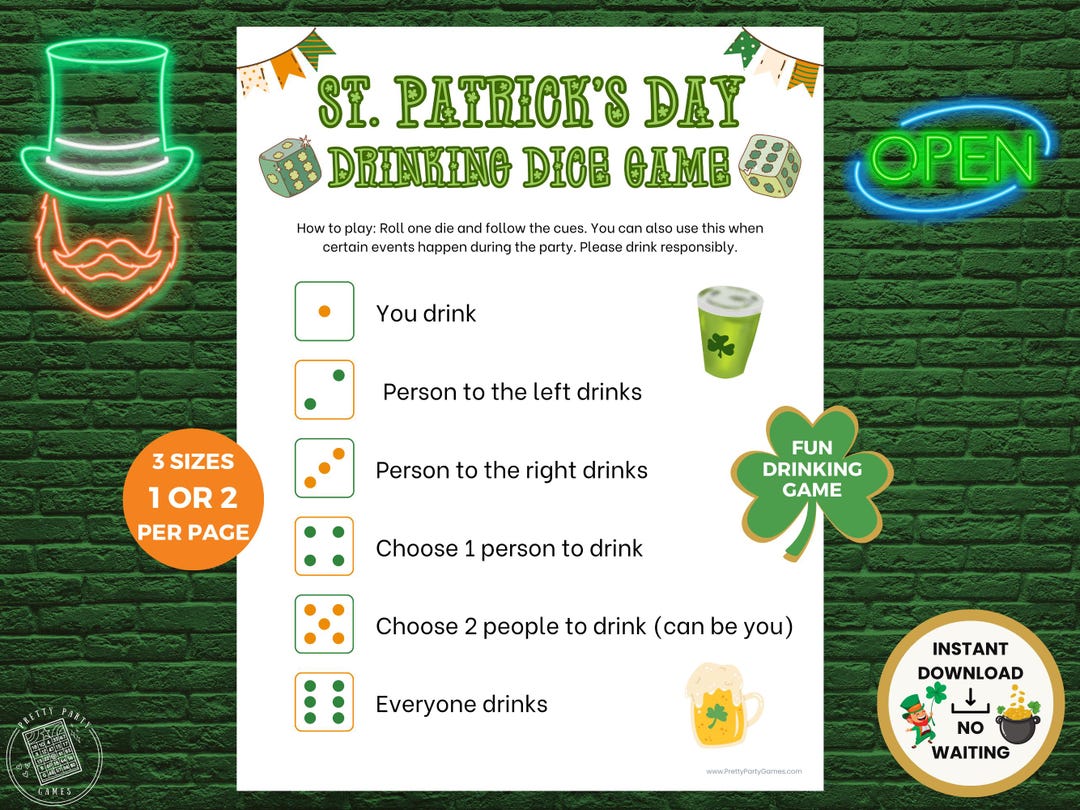St. Patrick's Day Drunk Dice Game, Printable Roll A Dice Drinking Game ...