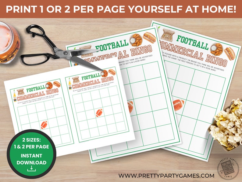Football Commercial Bingo Card Printable, Unique Bingo Game for Sunday ...