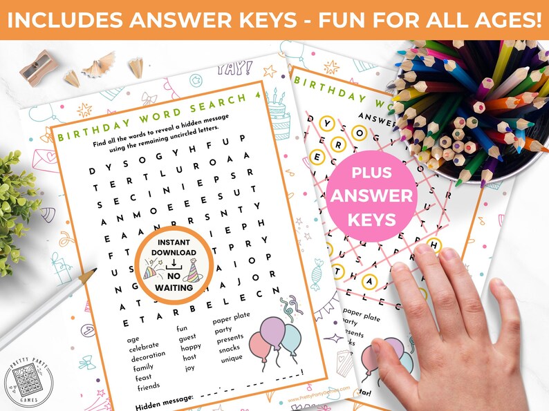 4 Printable Birthday Word Search Puzzles for Kids, Happy Birthday Party ...
