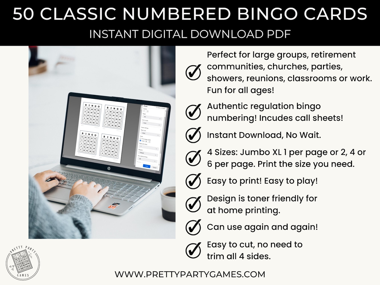 50 Classic Bingo Cards With Numbers 1-75, 4 Sizes: 1, 2, 4 or 6 per ...