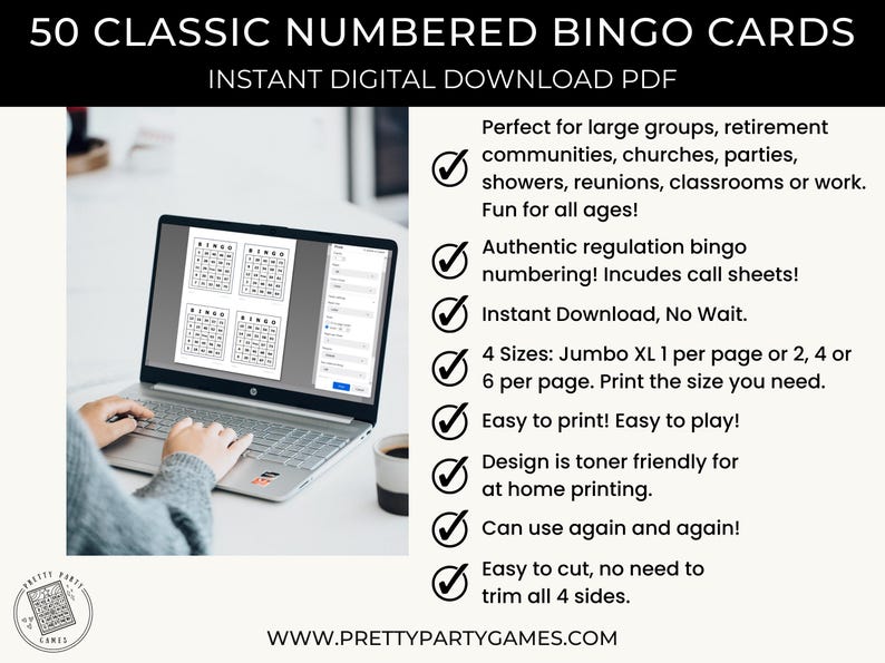 50 Classic Bingo Cards With Numbers 1-75, 4 Sizes: 1, 2, 4 or 6 per ...