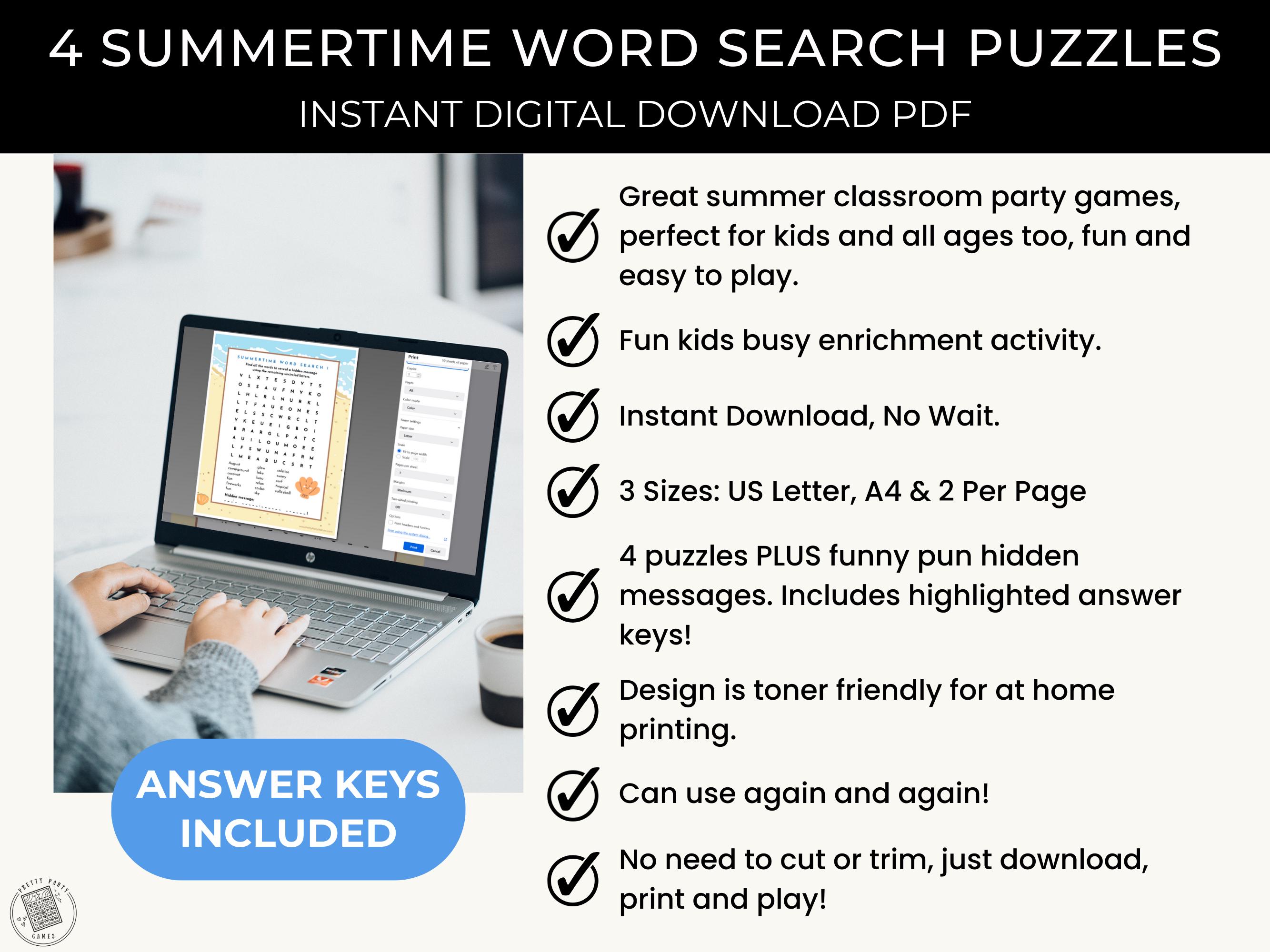 4 Printable Summer Word Search Puzzles for Kids, Fun Summertime ...
