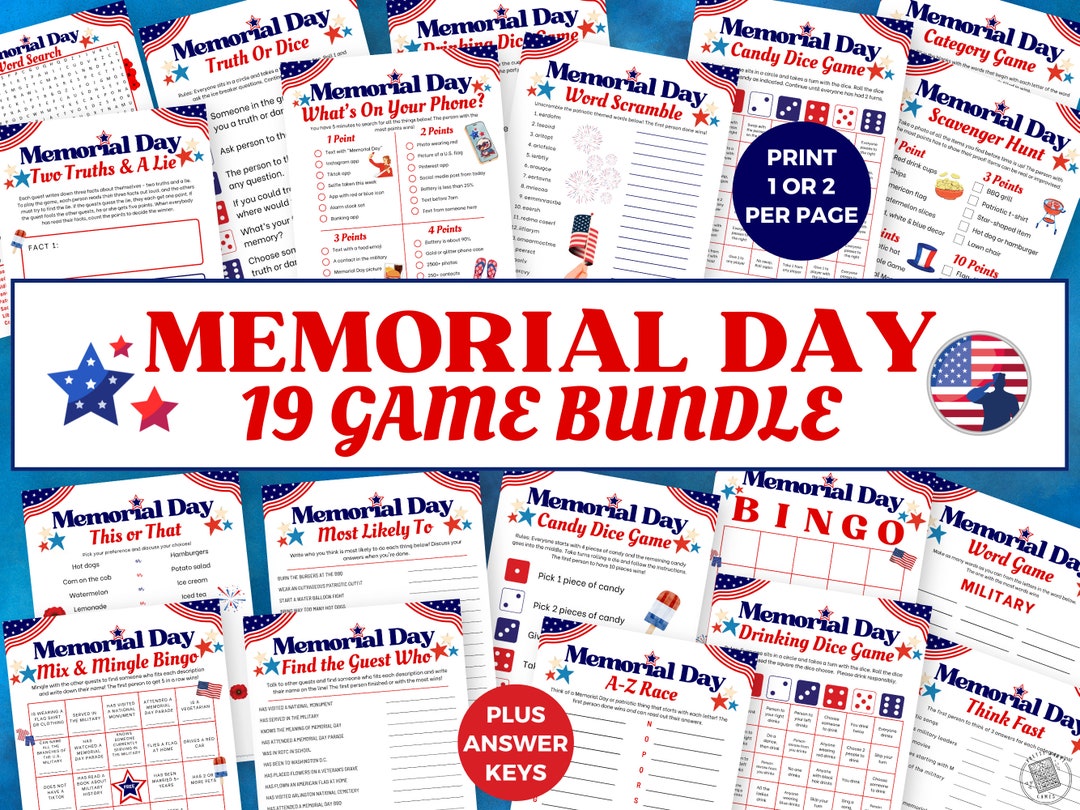 Memorial Day Games for Adults & Kids, 19 Printable Party Games Bundle ...
