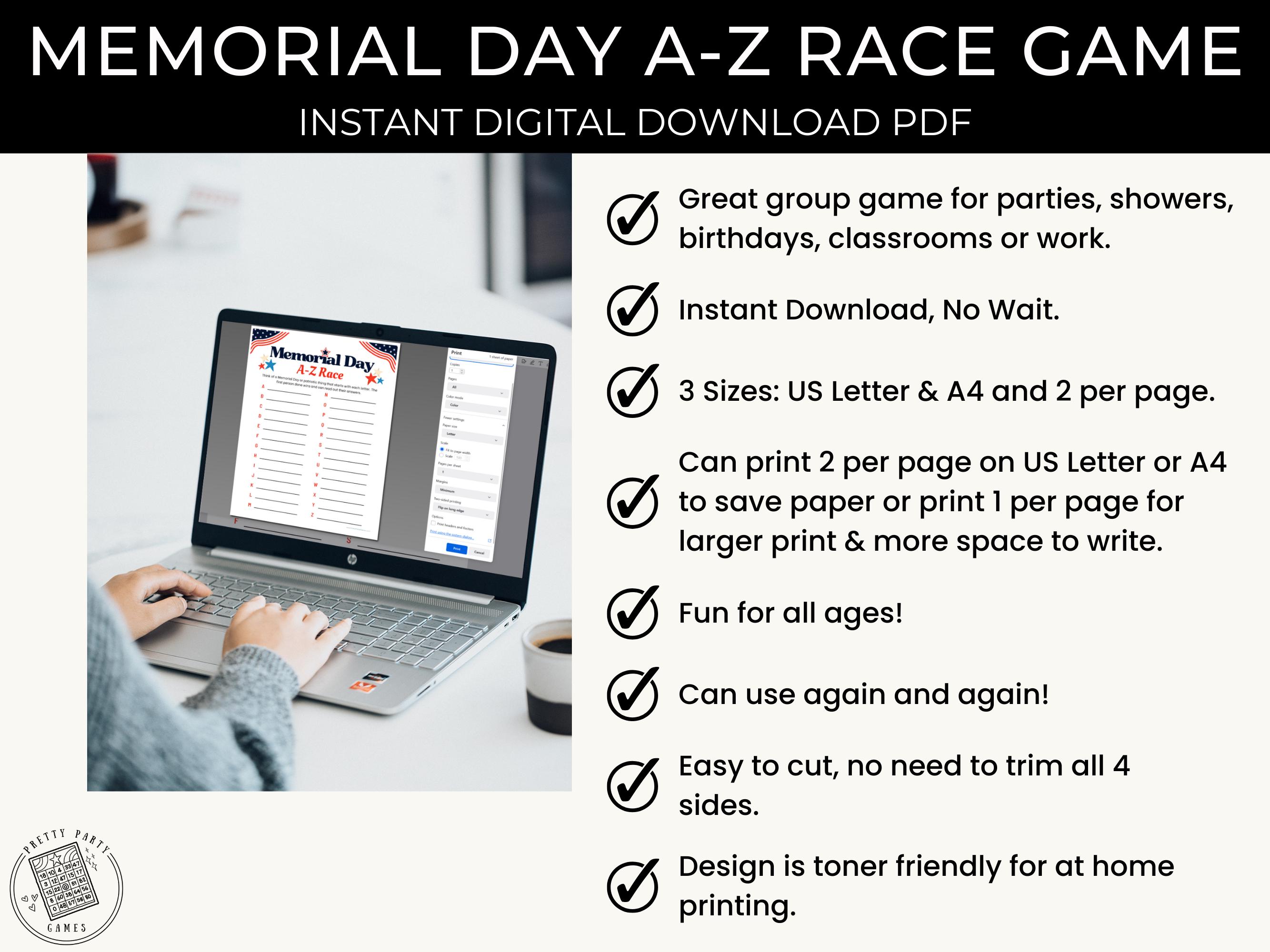 Memorial Day A-Z Race Word Game, Printable Party Games for Groups ...