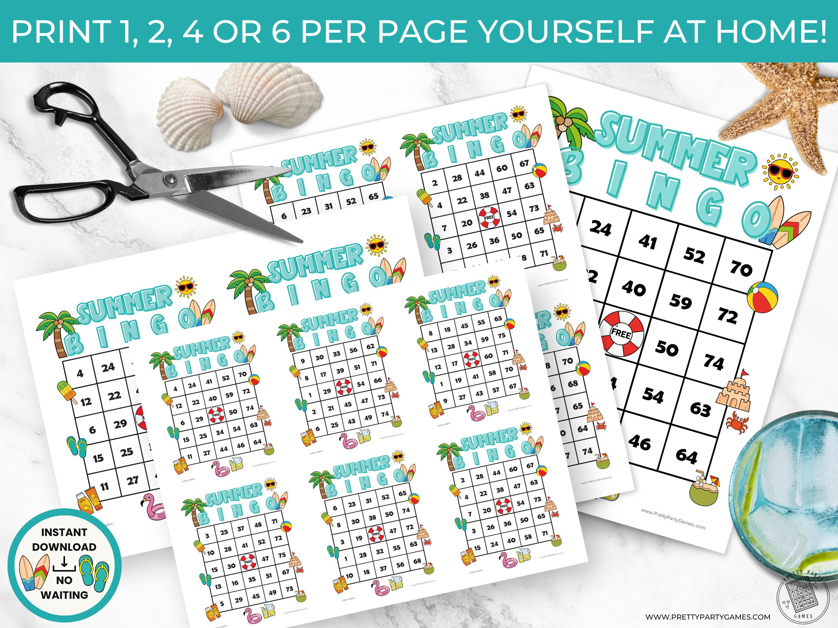 50 Summer Bingo Cards With Numbers, Printable Beach Bingo Cards for ...