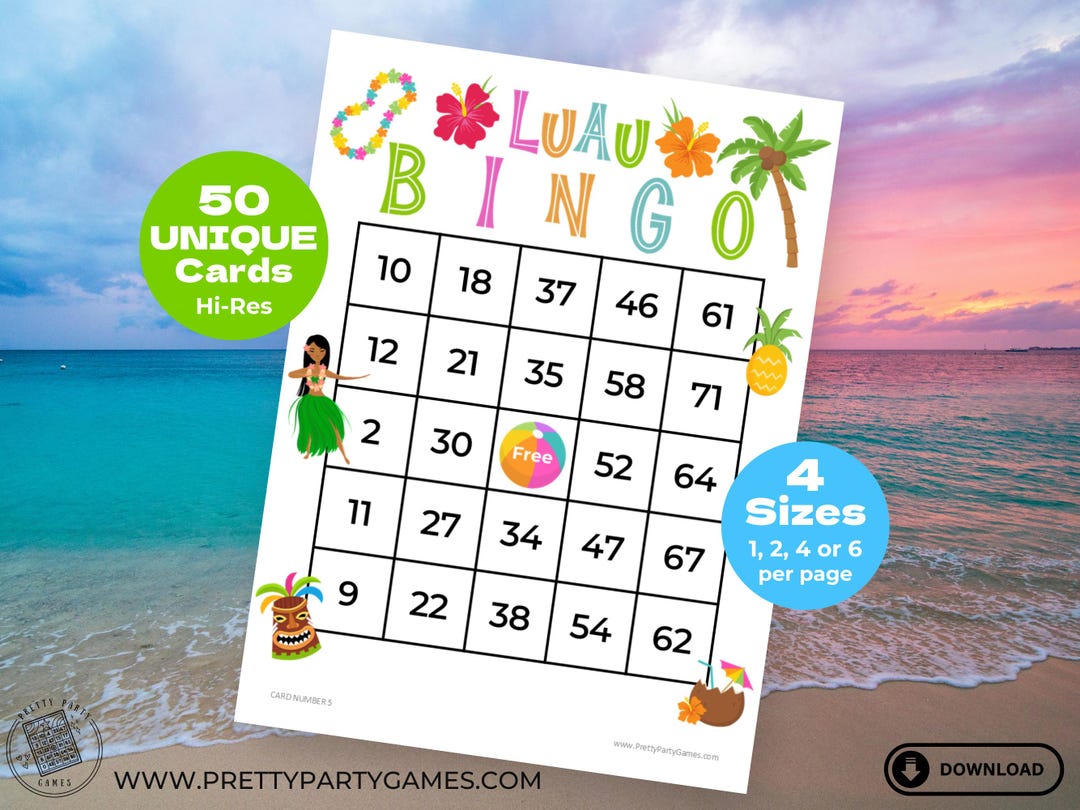 50 Hawaiian Luau Bingo Cards, Tropical Printable Party Games, Aloha ...