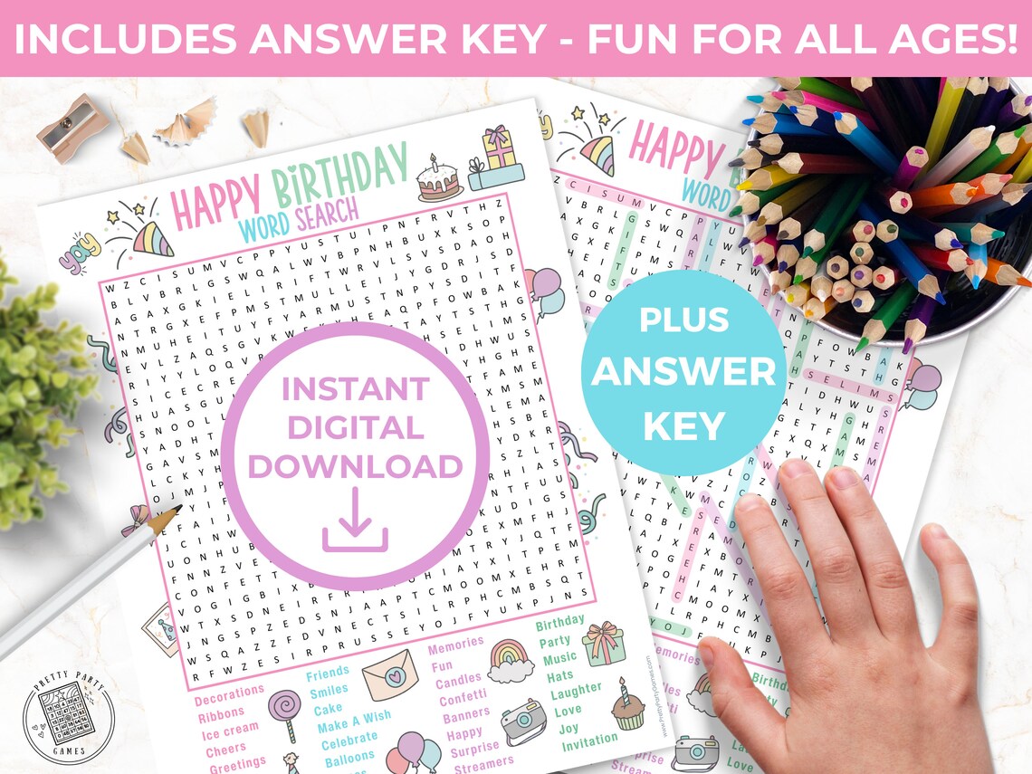 Happy Birthday Word Search Printable + Answer Key, Birthday Party Games ...