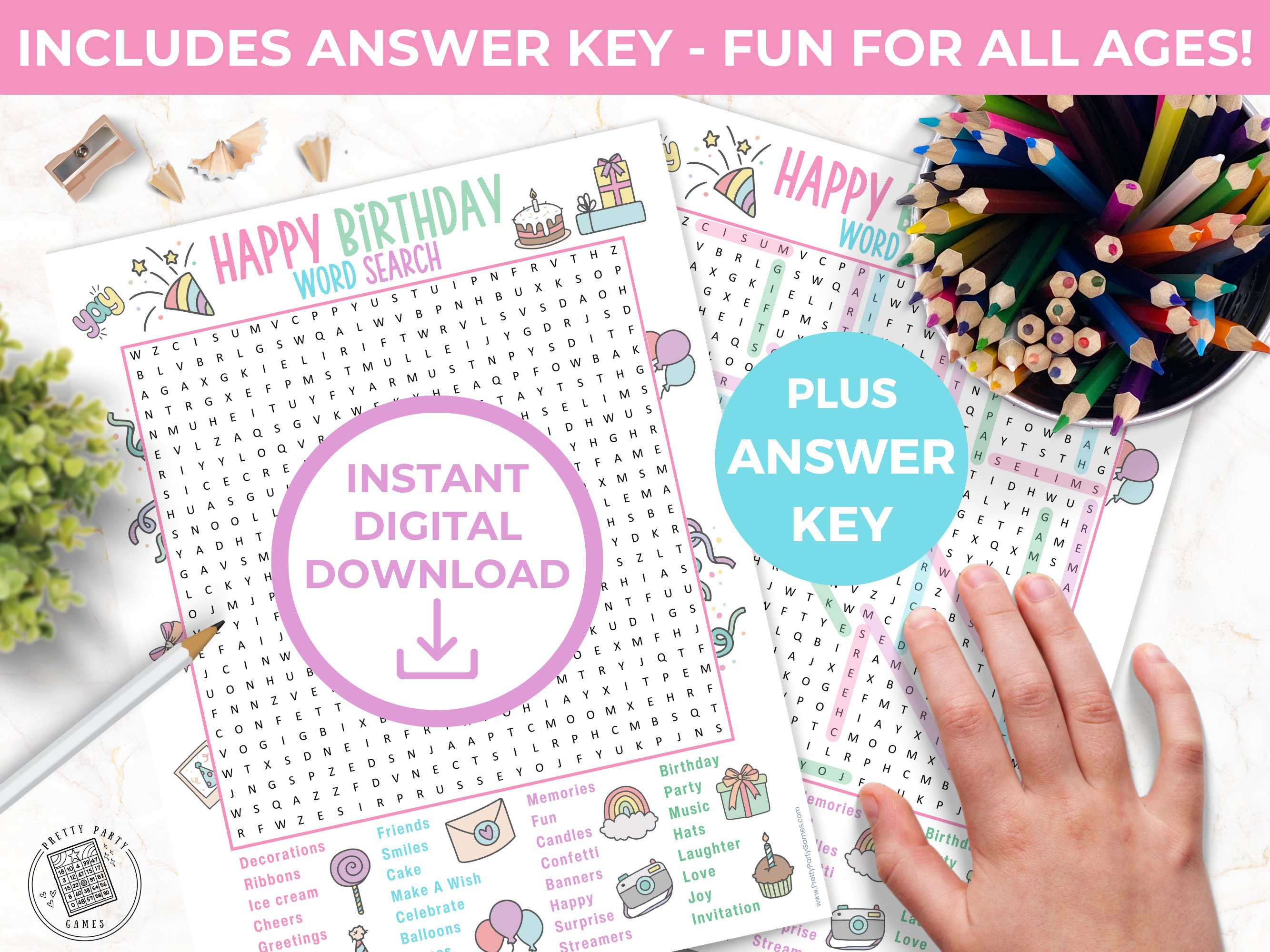 Happy Birthday Word Search Printable + Answer Key, Birthday Party Games ...