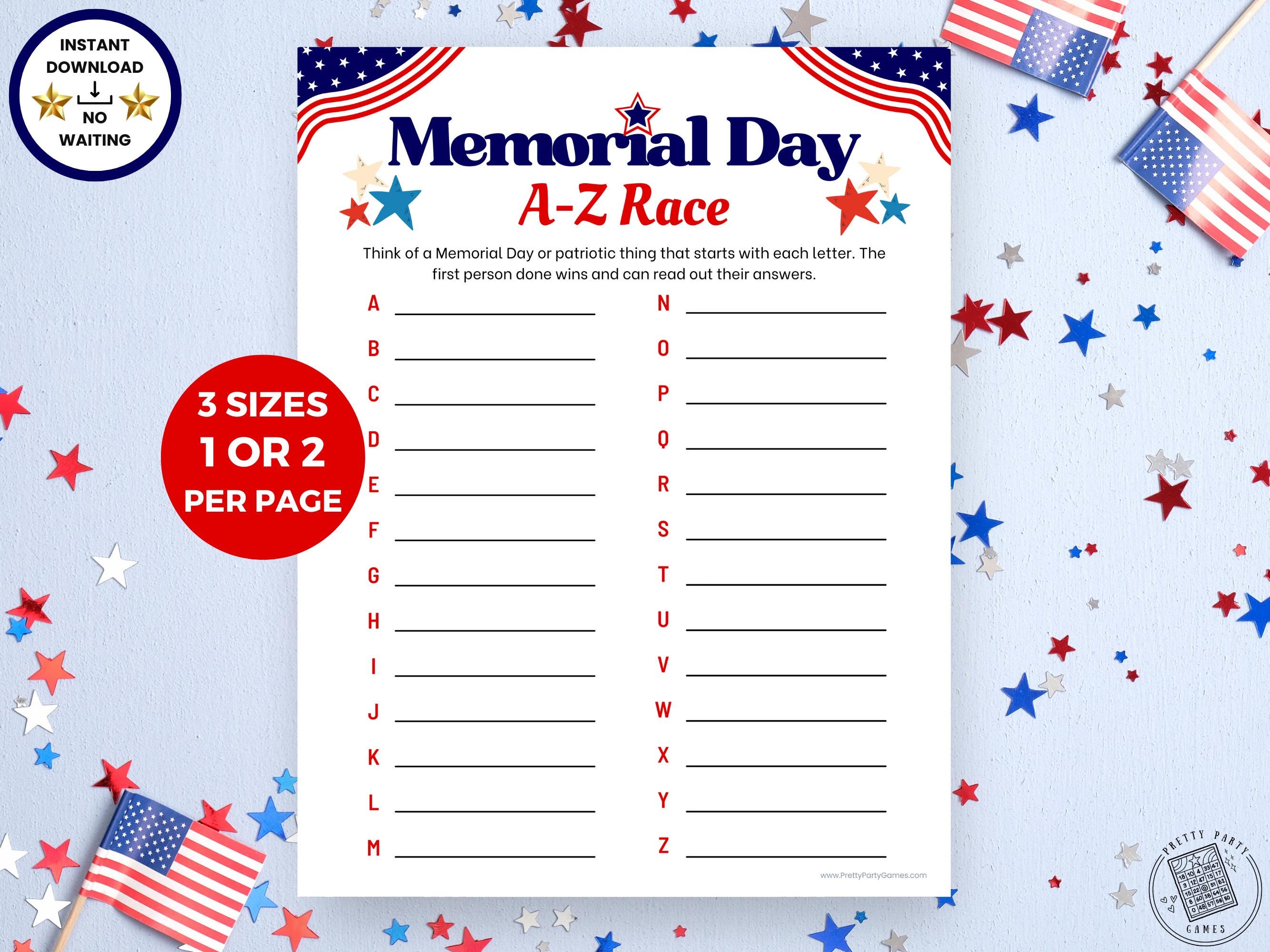 Memorial Day A-Z Race Word Game, Printable Party Games for Groups ...