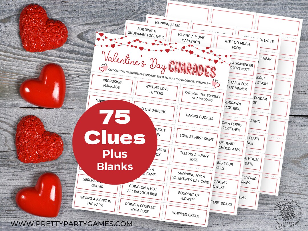 Valentines Day Printable Charades Cards, 75 Charades Words Blank Cards ...