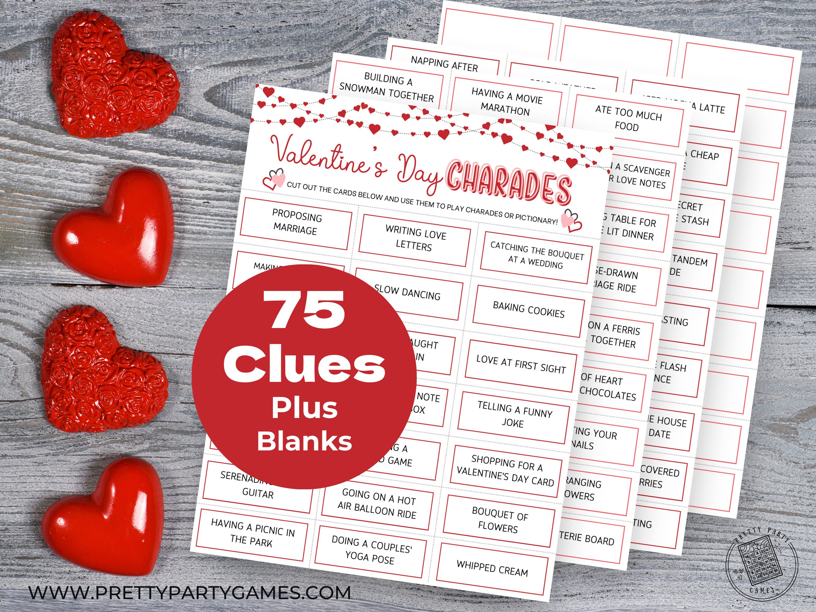 Valentines Day Printable Charades Cards, 75 Charades Words Blank Cards ...