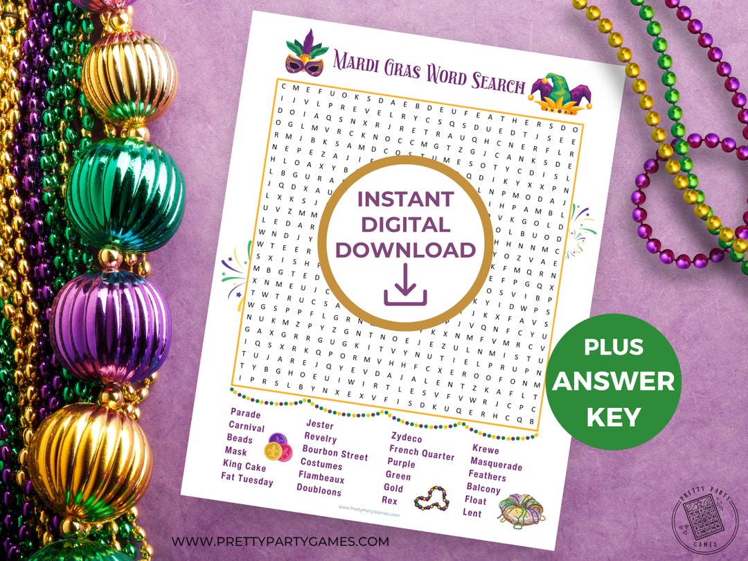 Mardi Gras Word Search Puzzle + Answer Key, Mardi Gras Activities for ...
