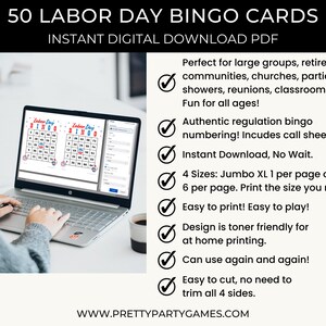 50 Labor Day Bingo Cards With Numbers, 4 Sizes: 1, 2, 4 or 6 per Page ...