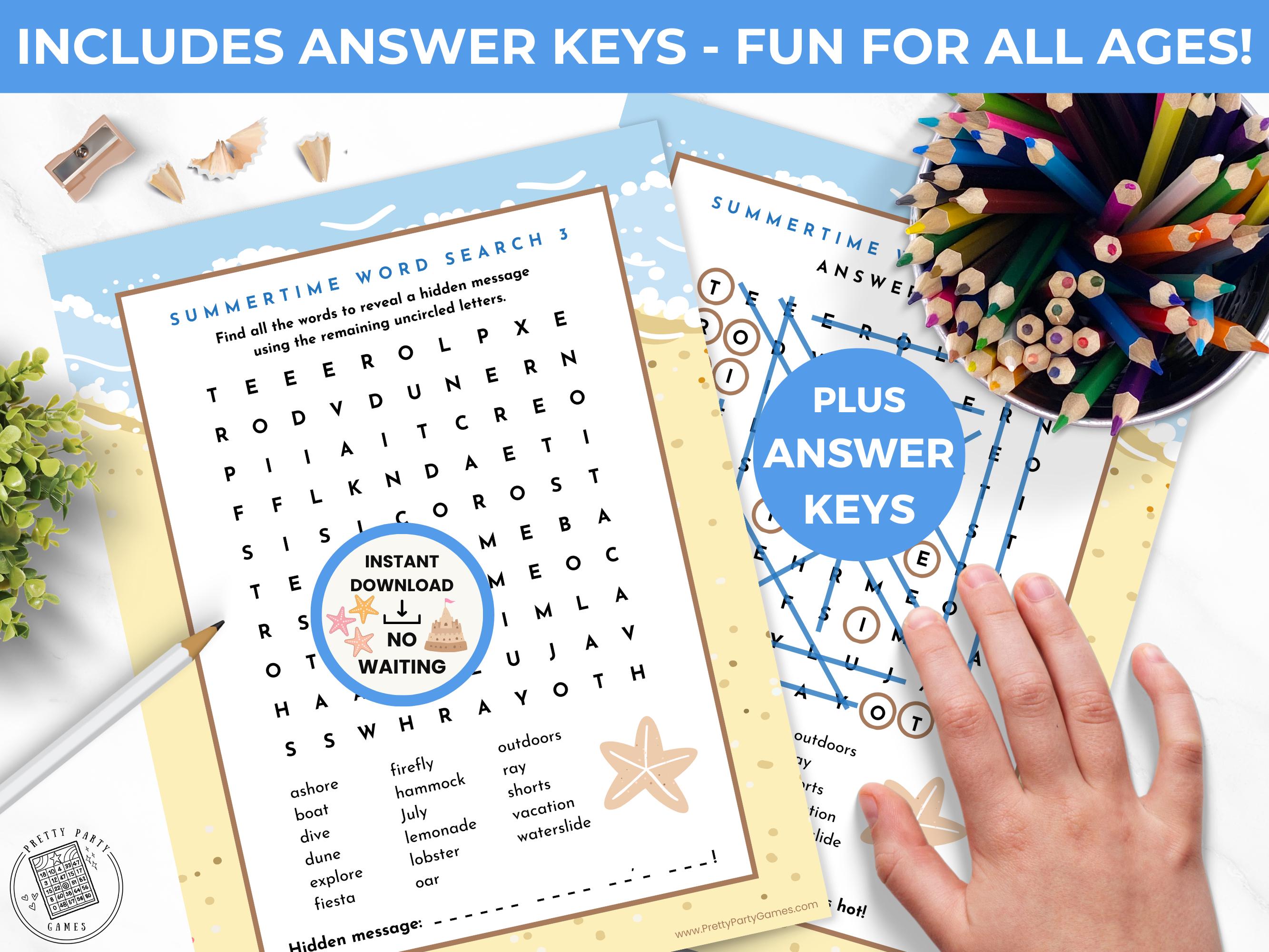 4 Printable Summer Word Search Puzzles for Kids, Fun Summertime ...