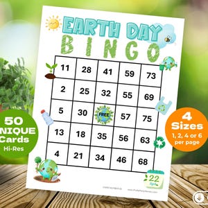 50 Earth Day Bingo Cards With Numbers, Printable Bingo Cards for Kids ...