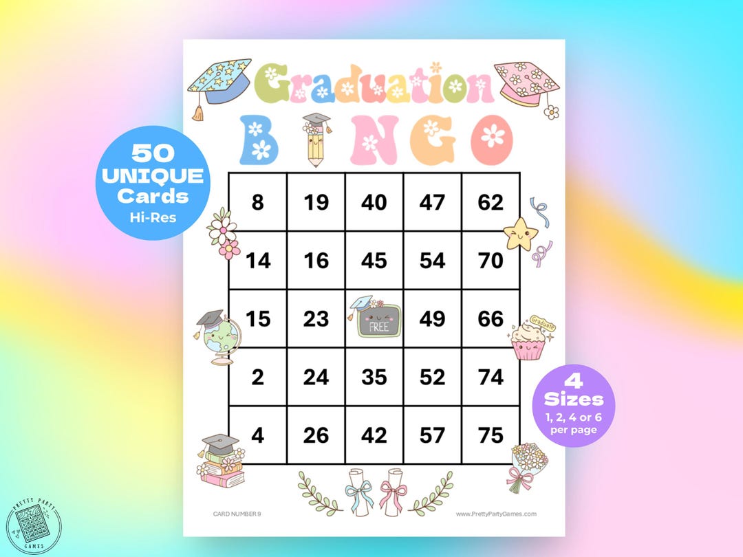 50 Graduation Bingo Cards, Pretty Retro Groovy Pastel Bingo for ...