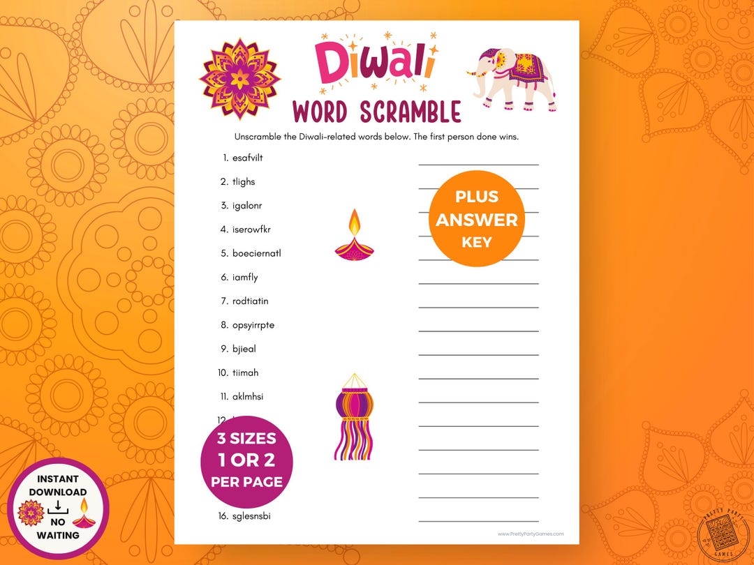 Diwali Word Scramble Printable Game, Festival of Lights Party Game, Fun ...