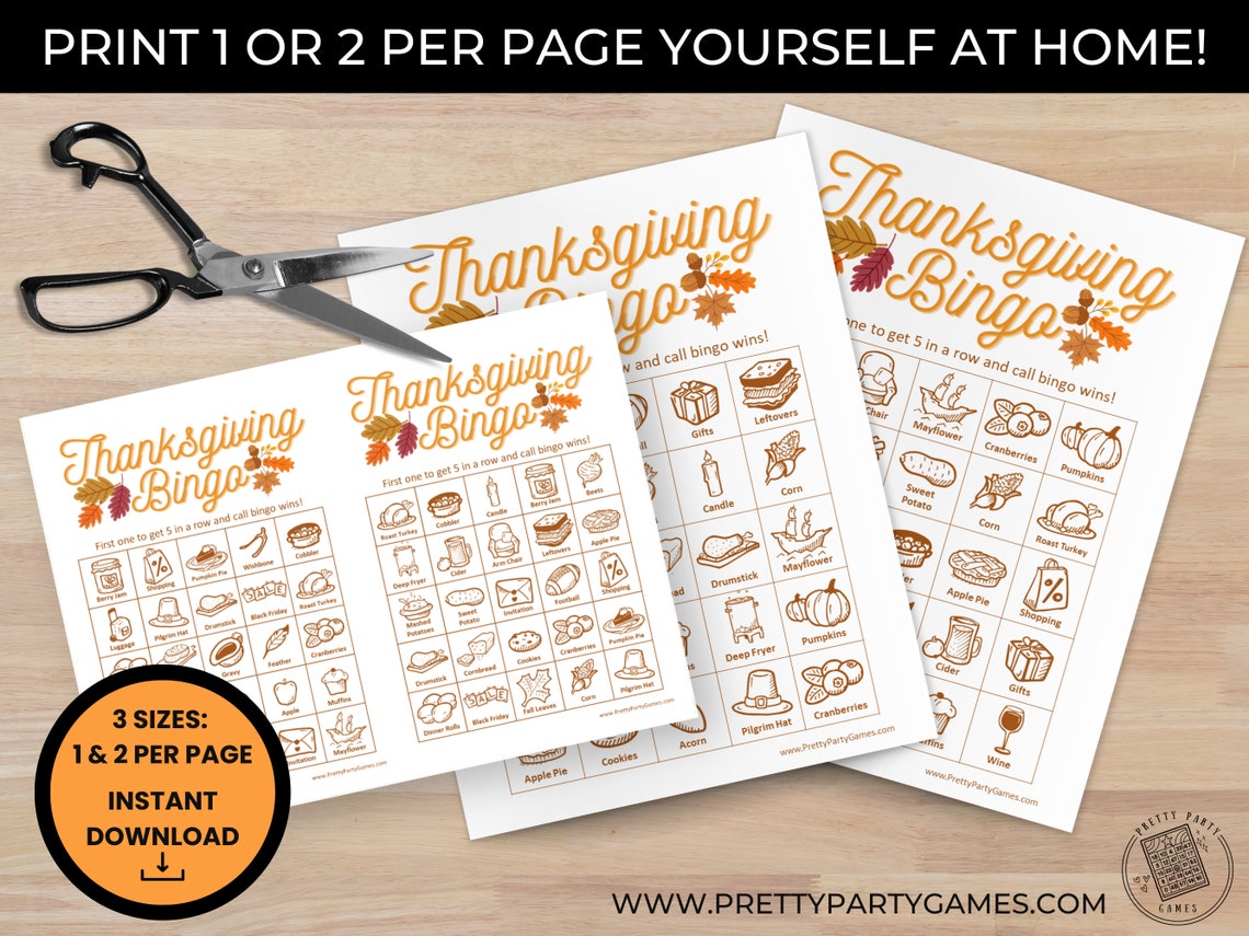 Thanksgiving Bingo Game for Adults & Kids, 50 Printable Bingo Cards ...