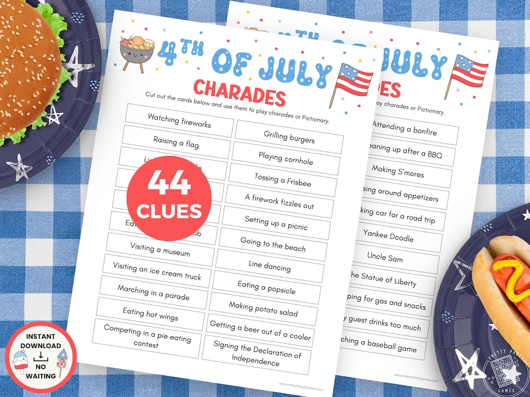 4th of July Charades Clues, Printable Independence Day Party Games for ...