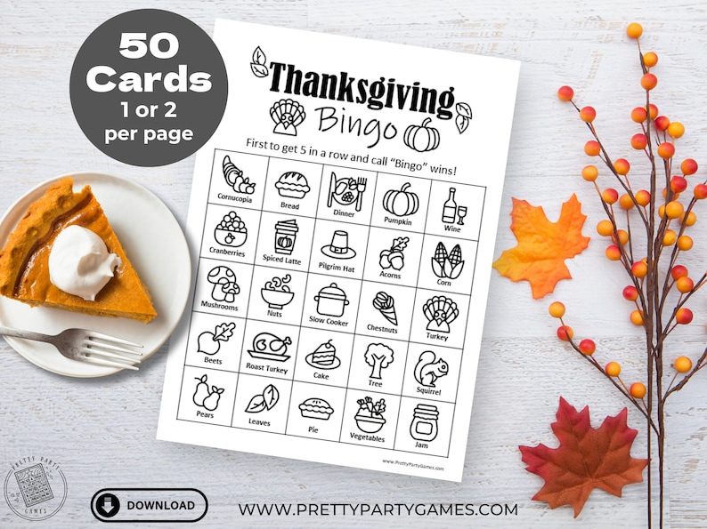 Minimalist Thanksgiving Bingo Game for Kids & Adults, 50 Printable ...