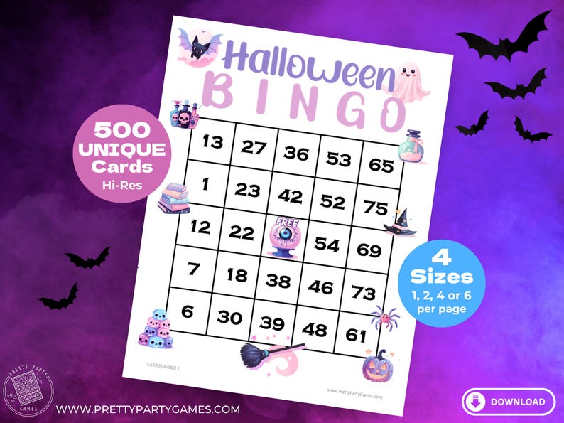 500 Witchy Pink Halloween Bingo Cards With Numbers, Printable Pinkoween ...