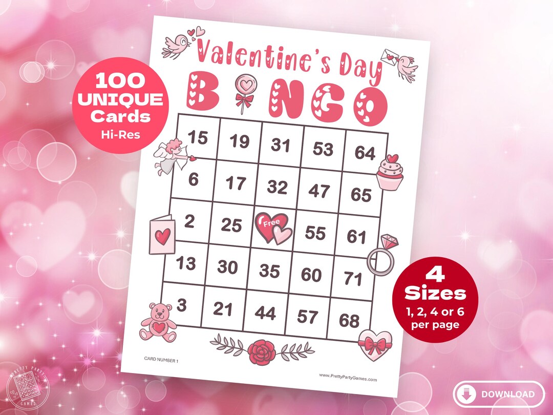 100 Valentines Day Bingo Cards With Numbers, Pink & Red Hearts Print at ...