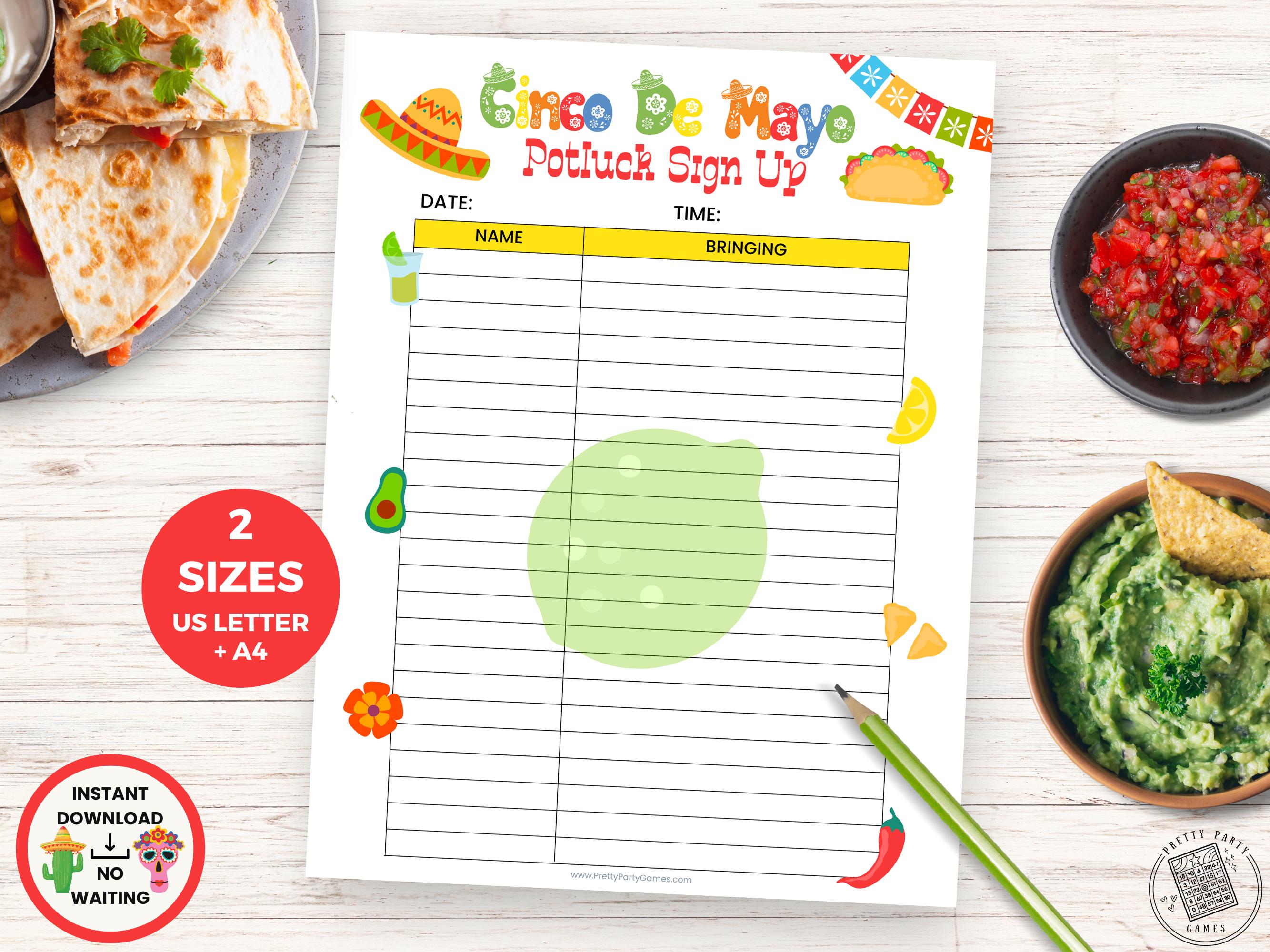 Cinco De Mayo Potluck Sign up Sheet Printable, Mexican Fiesta Party ...