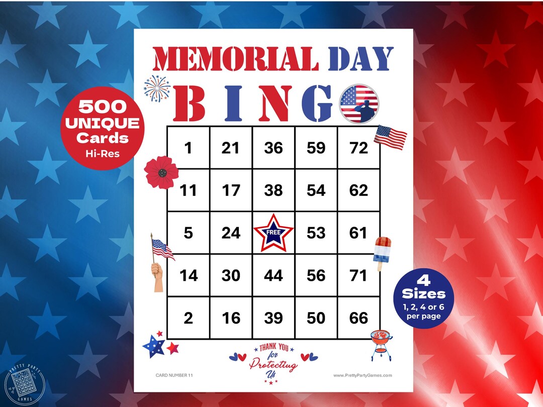 500 Memorial Day Bingo Cards, Printable Bingo Cards With Numbers ...