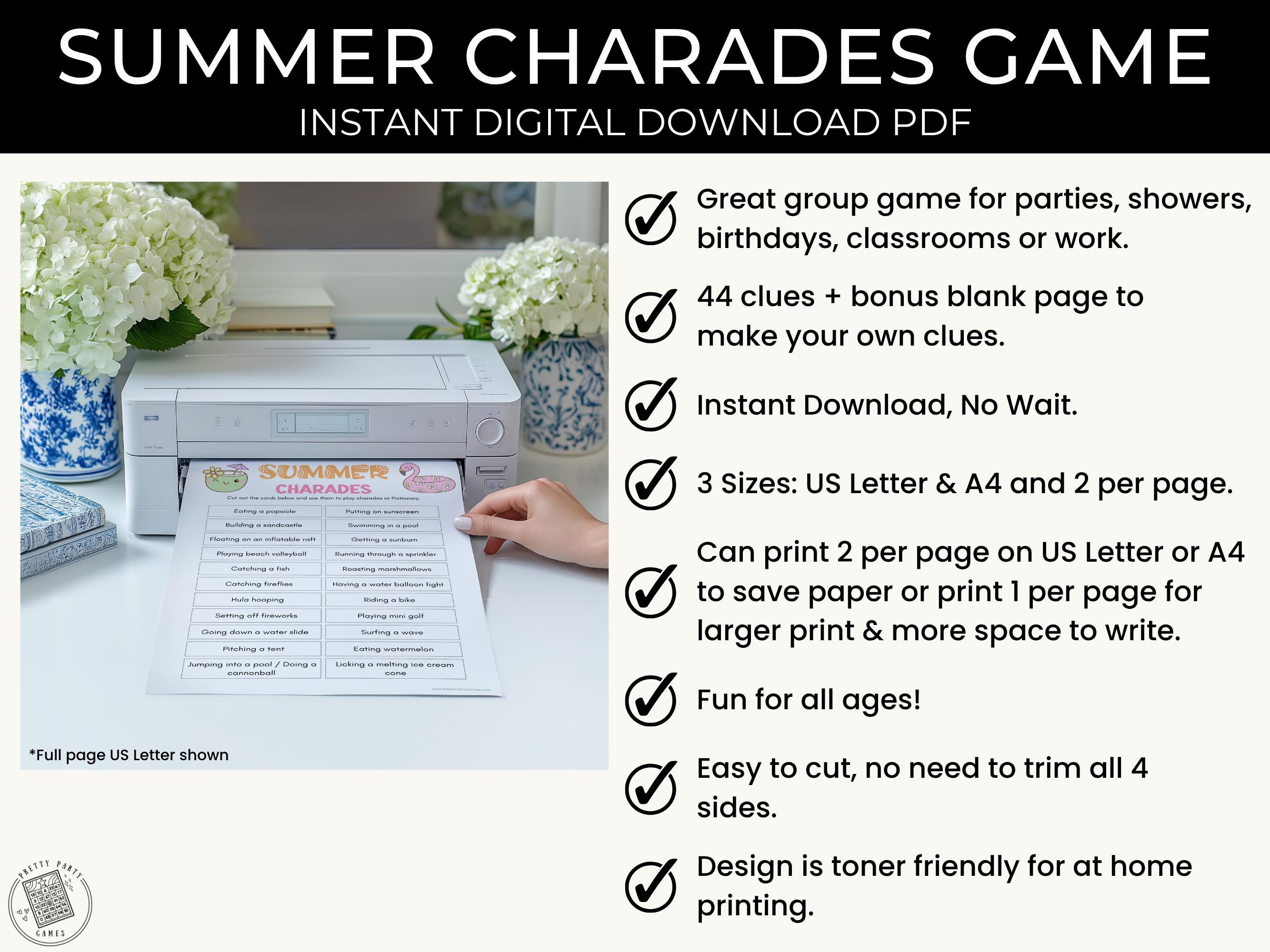 Summer Charades Clues, Fun Summer Activities for Kids Teens Adults ...