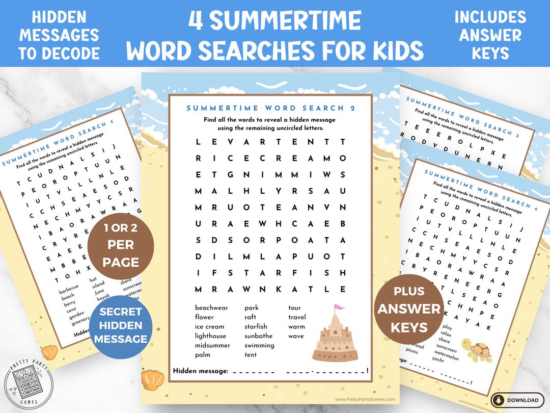 4 Printable Summer Word Search Puzzles for Kids, Fun Summertime ...