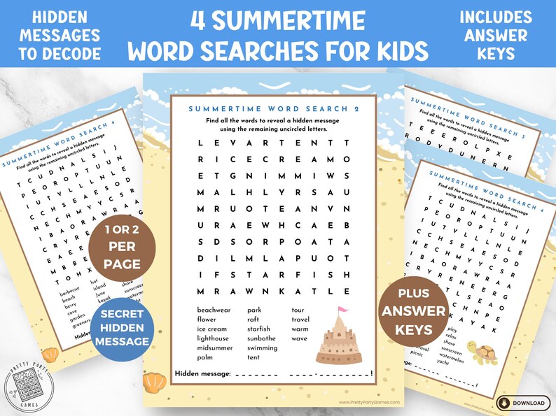 4 Printable Summer Word Search Puzzles for Kids, Fun Summertime ...