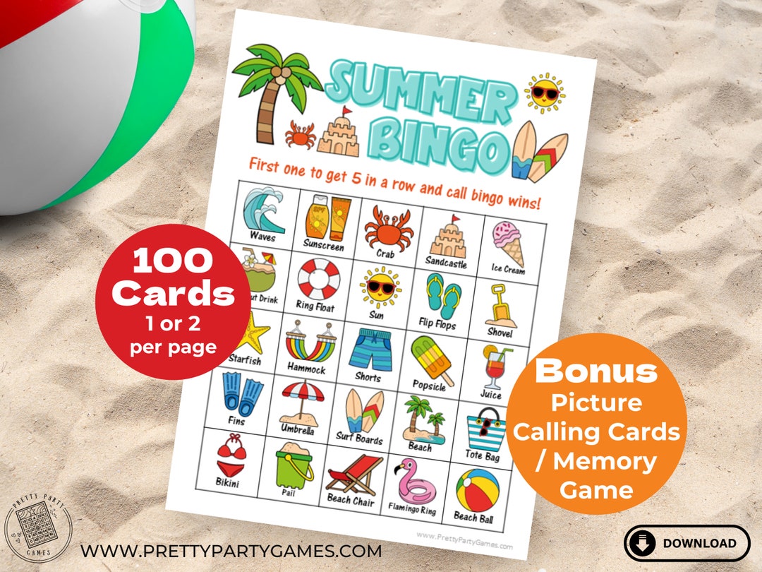 100 Summer Bingo Cards for Beach Parties, Pool Party Bingo Game ...