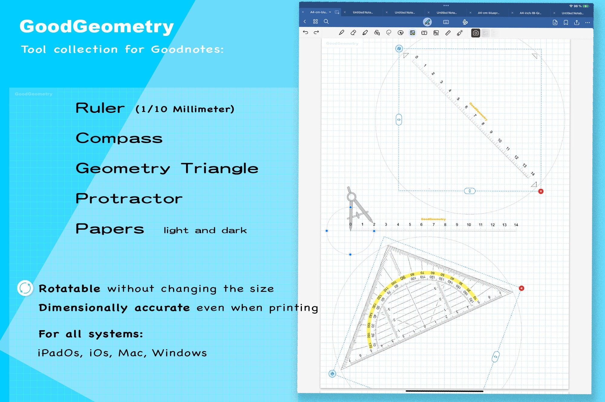Ruler, Compass, Set Square, Protractor. Rotatable, Exact Dimensions ...
