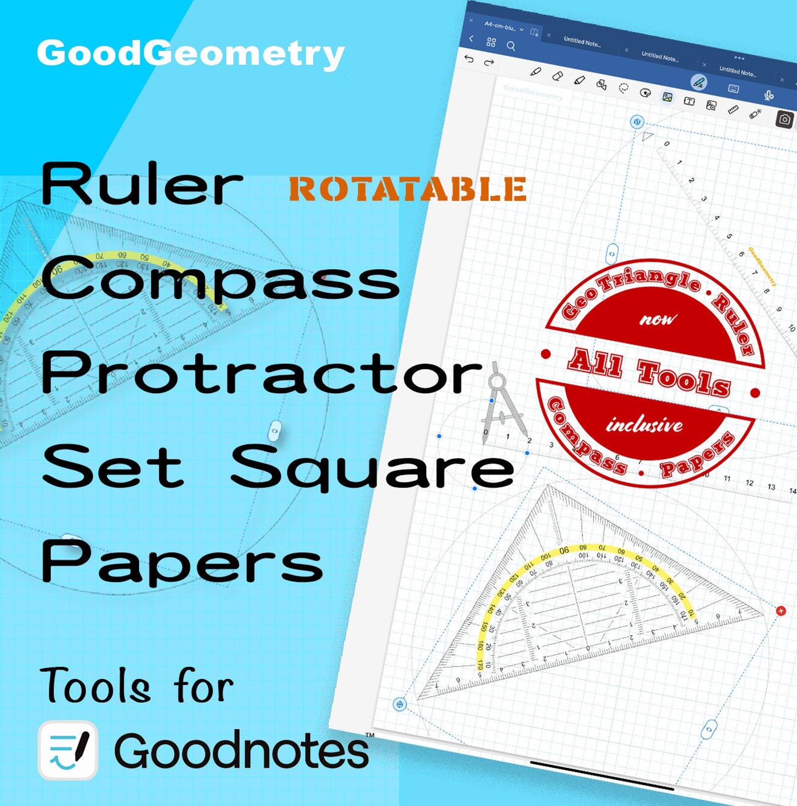 Ruler, Compass, Set Square, Protractor. Rotatable, Exact Dimensions ...