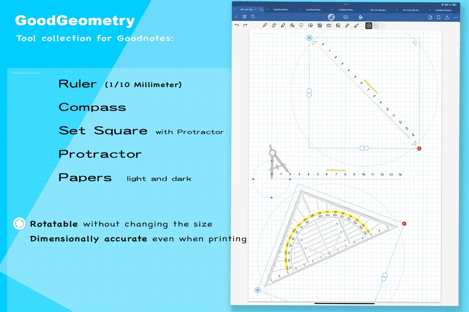 Ruler, Compass, Set Square, Protractor. Rotatable, Exact Dimensions ...