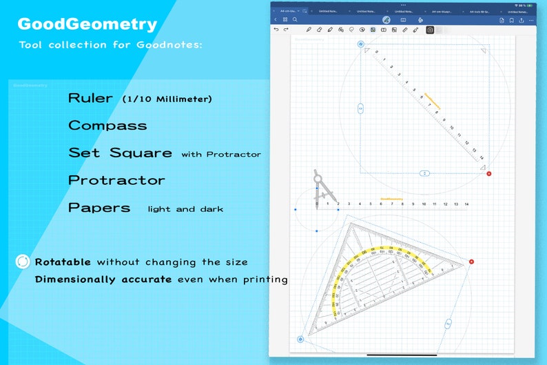 Ruler, Compass, Set Square, Protractor. Rotatable, Exact Dimensions ...