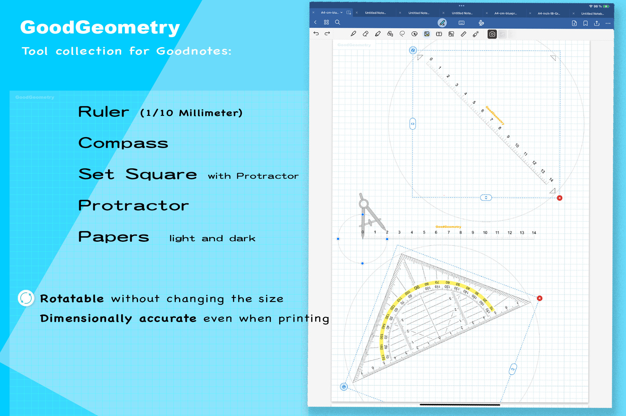 Ruler, Compass, Set Square, Protractor. Rotatable, Exact Dimensions ...