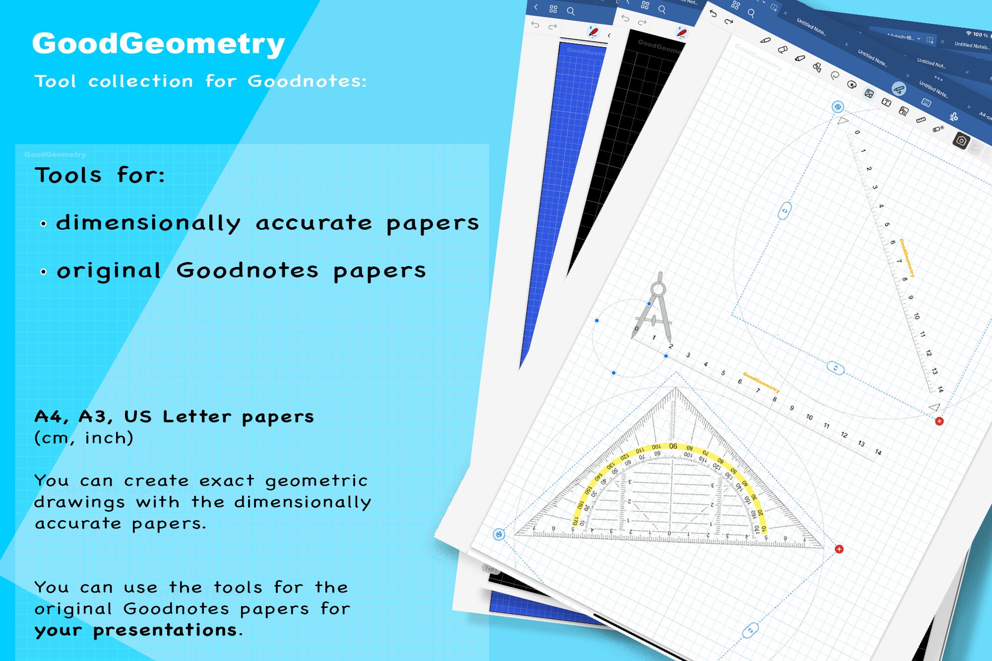 Ruler, Compass, Set Square, Protractor. Rotatable, Exact Dimensions ...