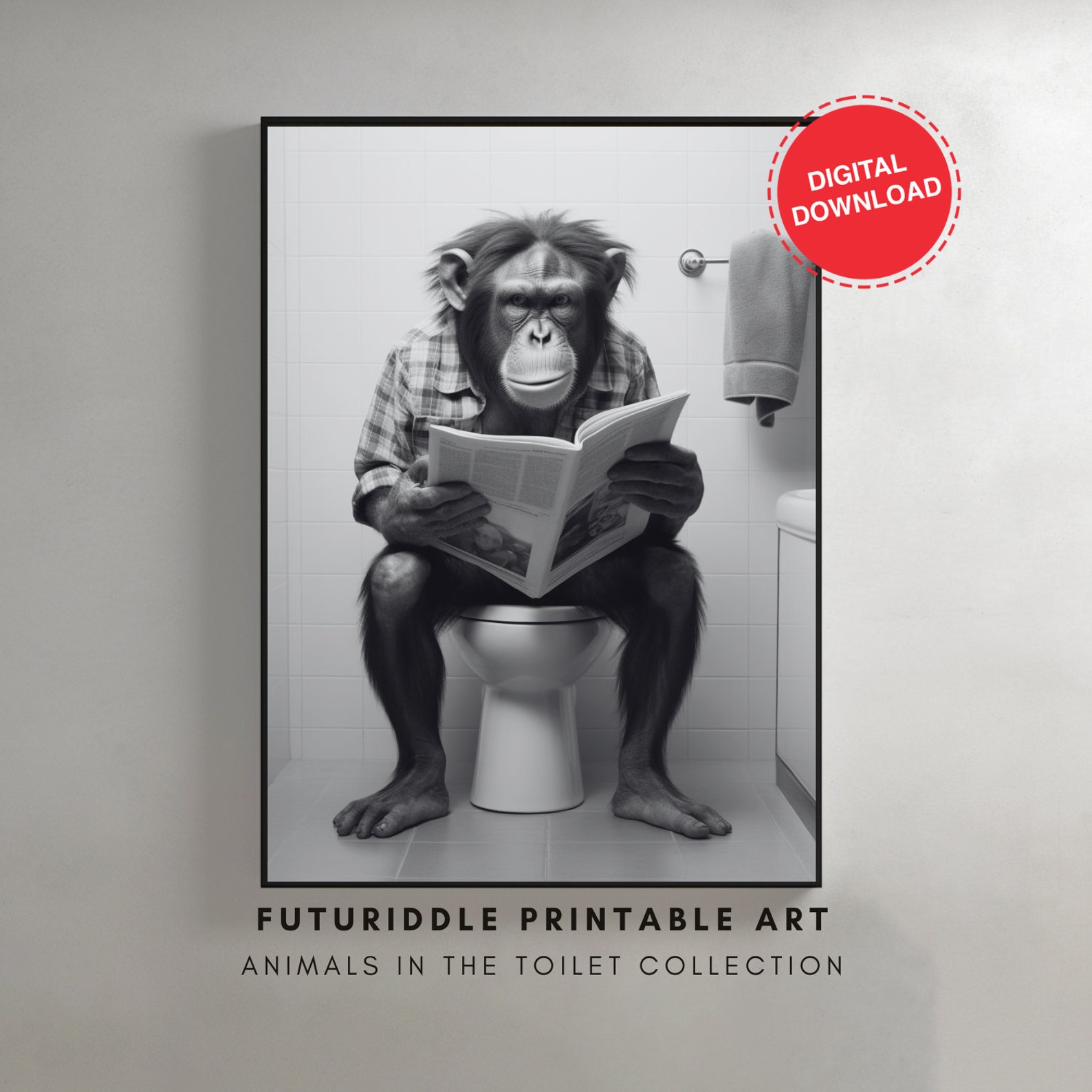 Chimpanzee Sitting on the Toilet Reading a Newspaper, Black and White ...