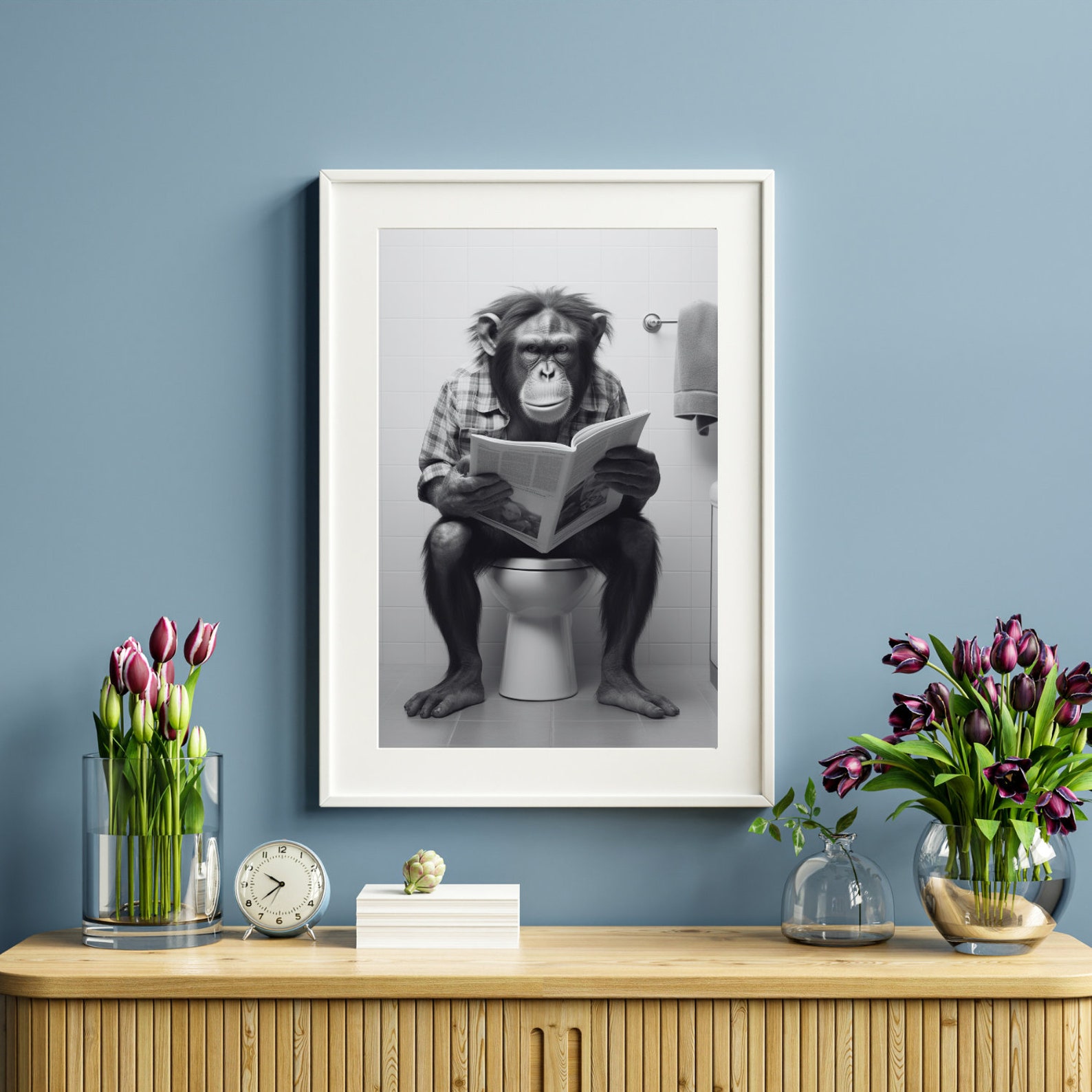 Chimpanzee Sitting on the Toilet Reading a Newspaper, Black and White ...
