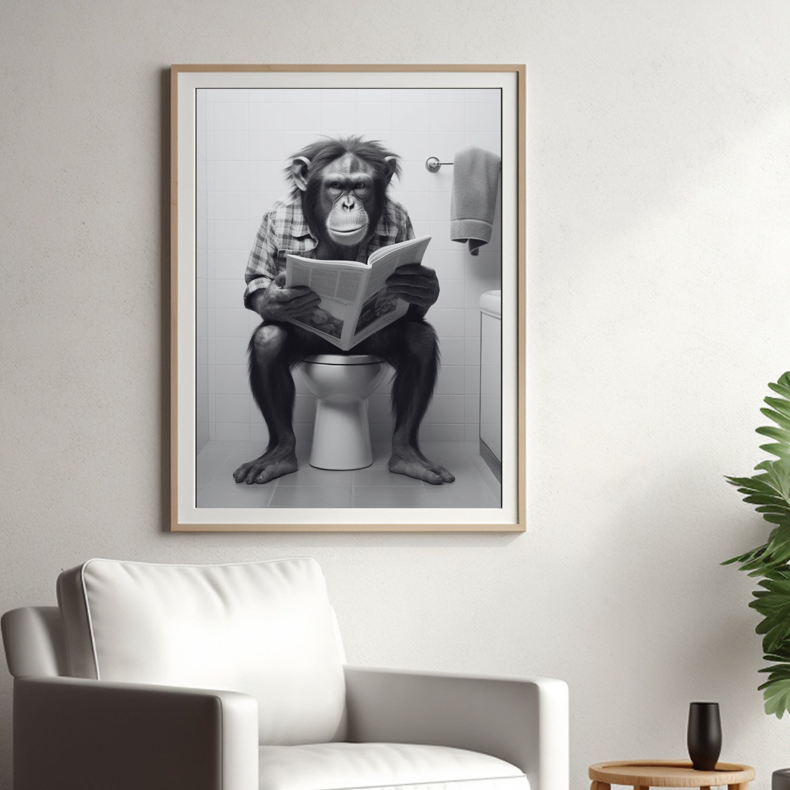Chimpanzee Sitting on the Toilet Reading a Newspaper, Black and White ...