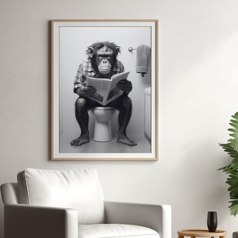 Chimpanzee Sitting on the Toilet Reading a Newspaper, Black and White ...