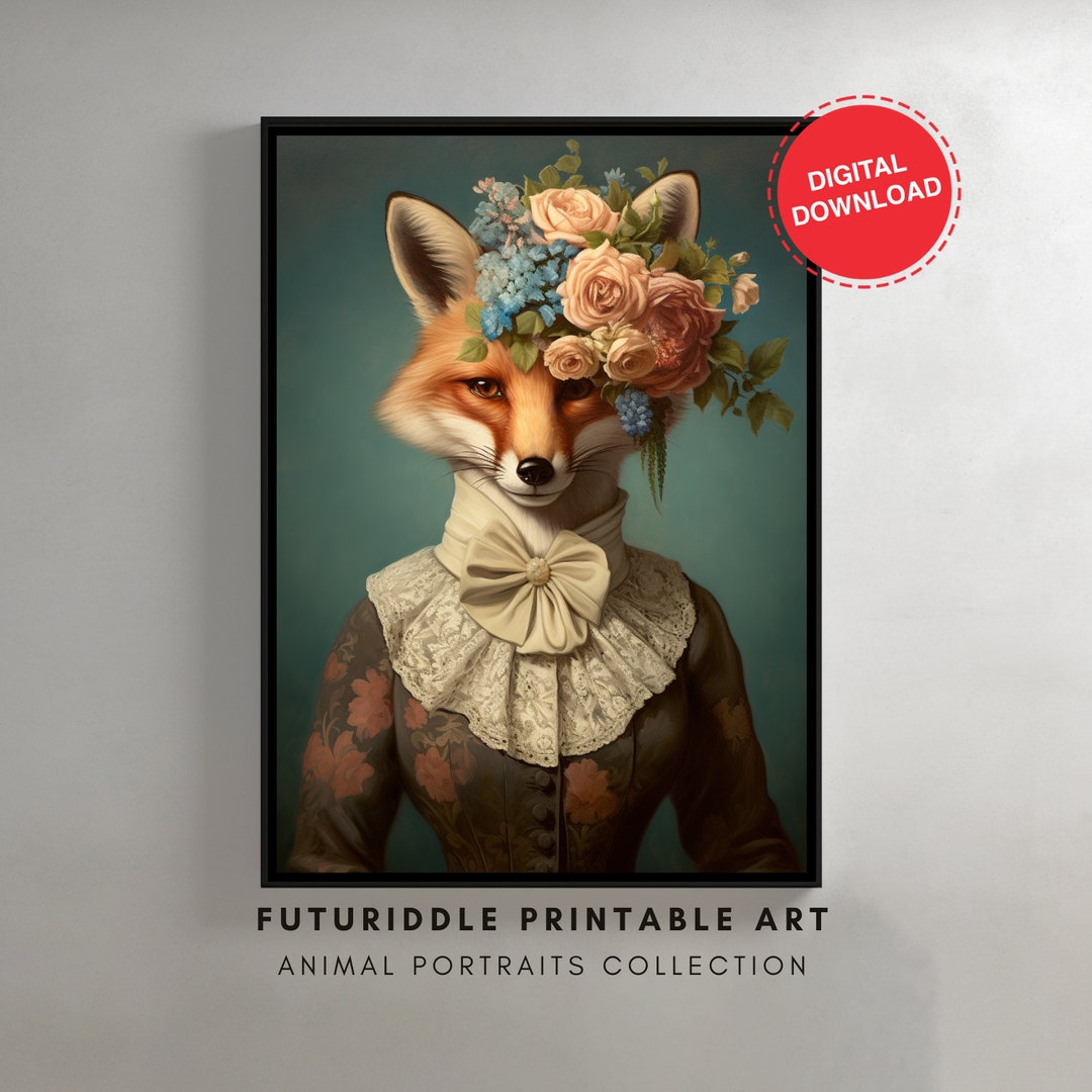Vintage Lady Fox in Floral Gown, Antique Art Poster, Animal Head Human ...