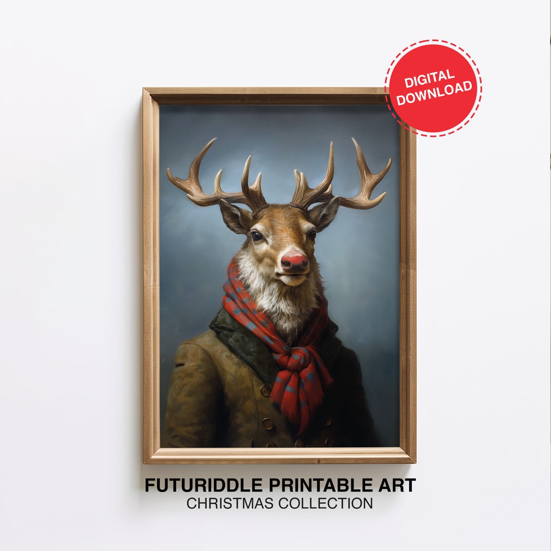 Vintage Christmas Reindeer Portrait Print, Xmas Wall Art, Reindeer in ...