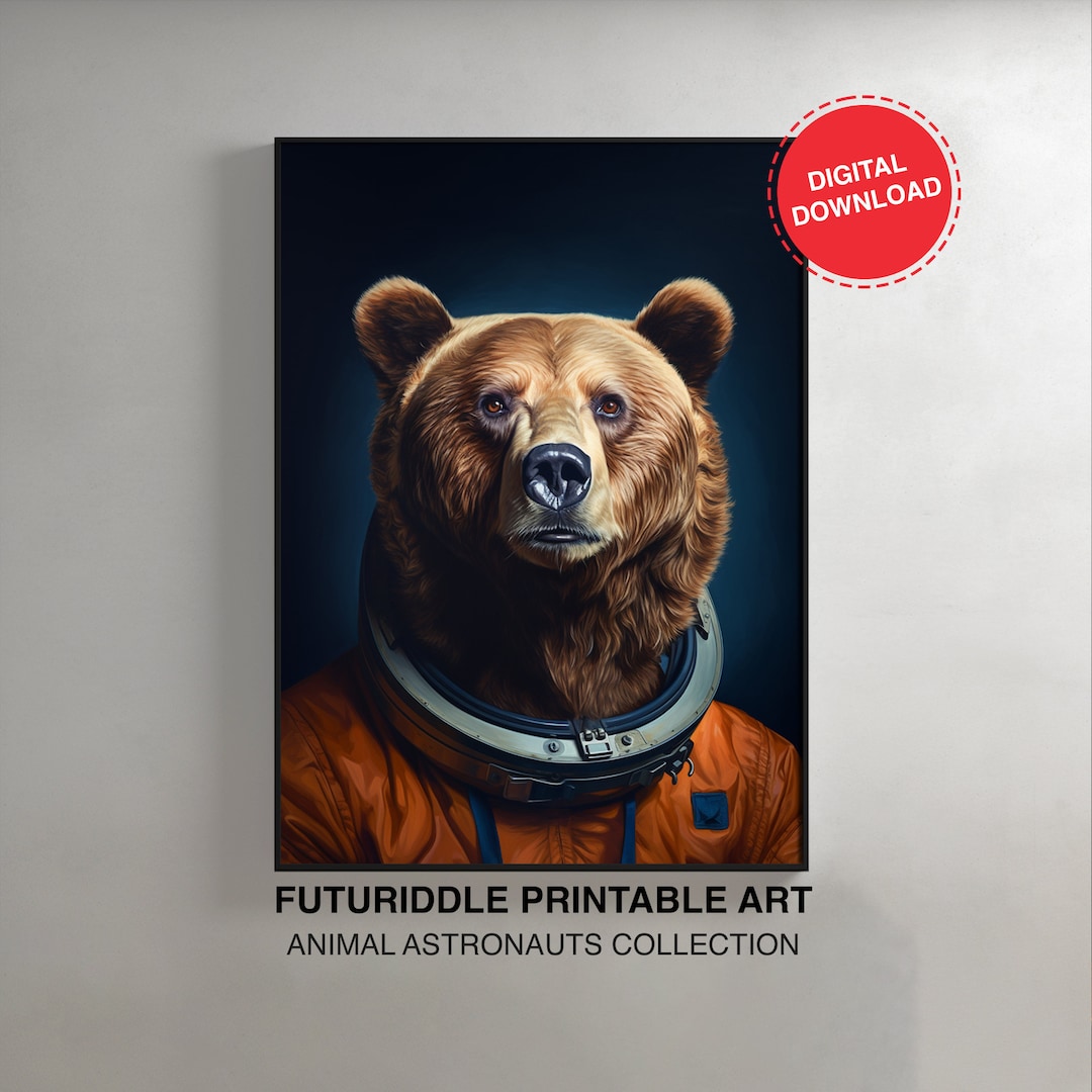 Oso grizzly astronauta en traje espacial, cartel futurista de ciencia ...