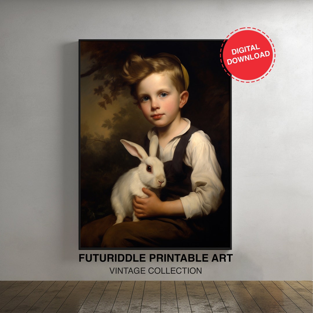 Vintage Boy & Rabbit Painting Original Art, Illustration Inspired by ...
