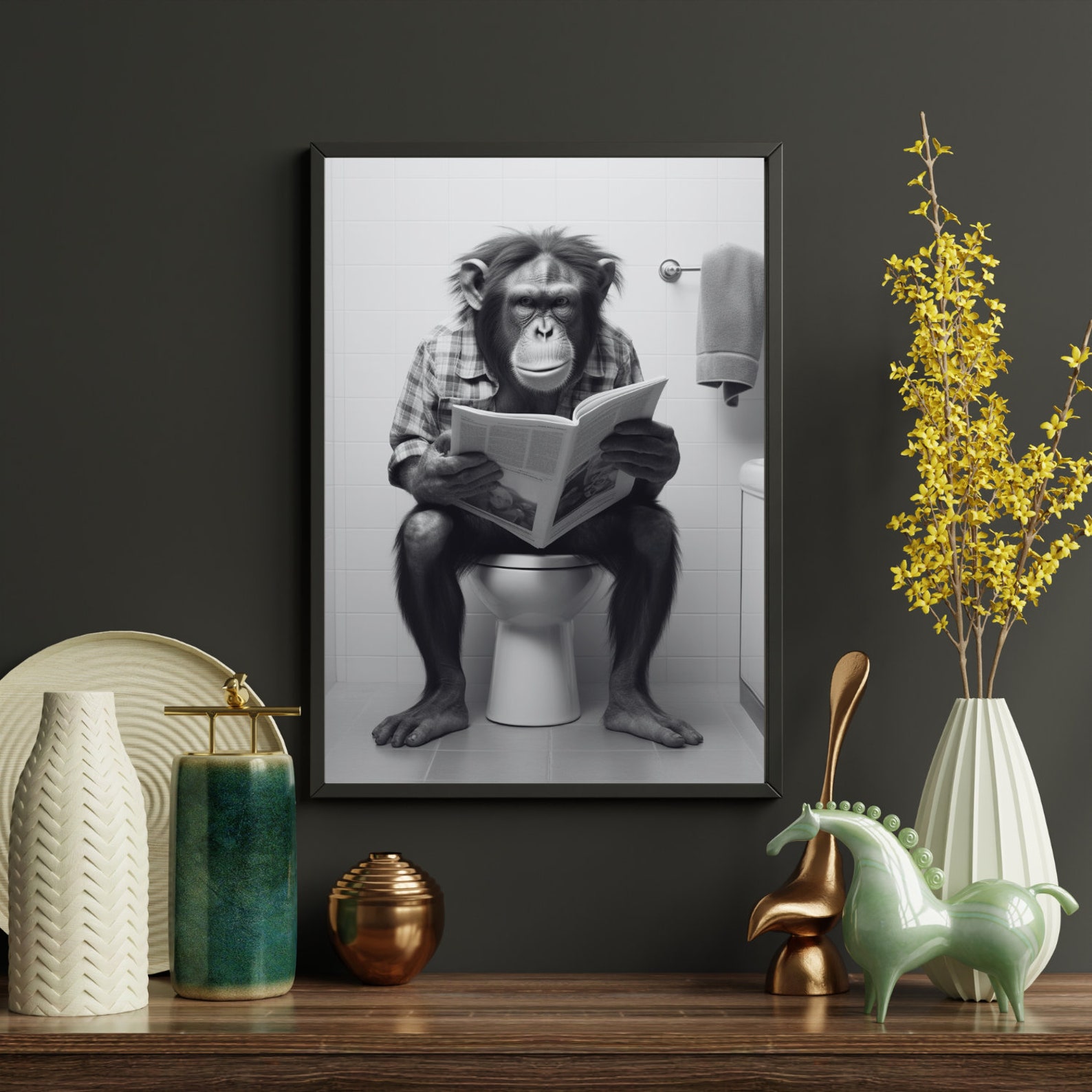 Chimpanzee Sitting on the Toilet Reading a Newspaper, Black and White ...